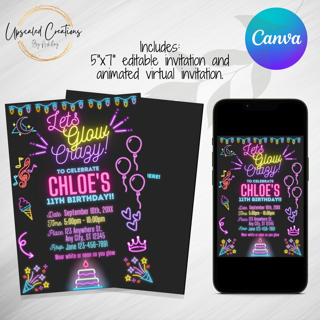 Glow Party Invitation, Lets Glow Girls, Digital Download, Editable ...