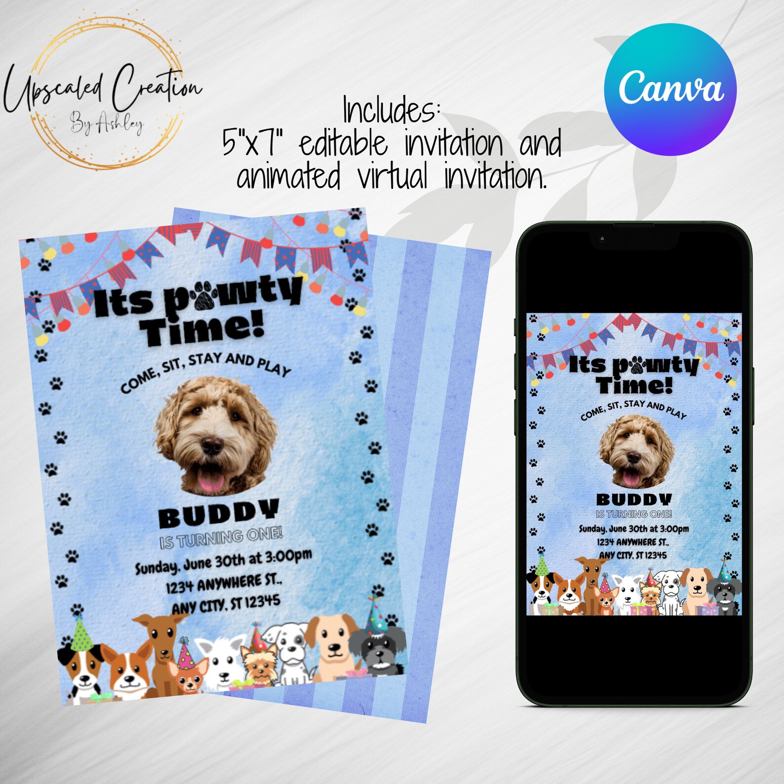 Pawty Time, Dog Party, Editable Template, Digital Download, Animated ...