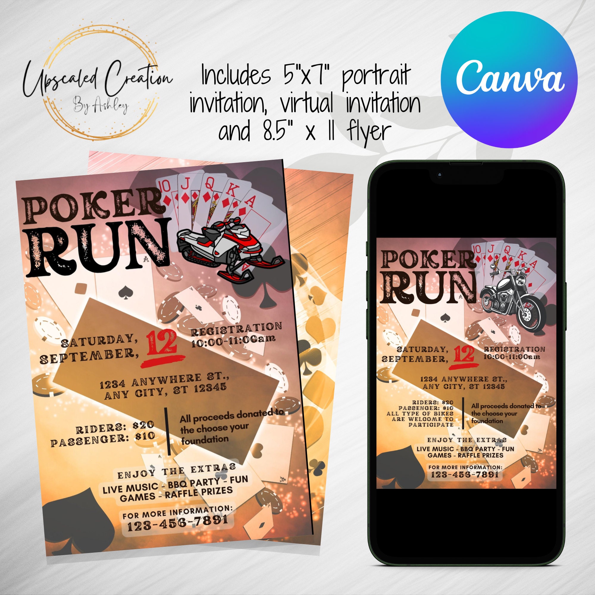 Poker Run Invitation, Virtual Invitation, Digital Download, Editable Template, Poker, Motorcycle ...