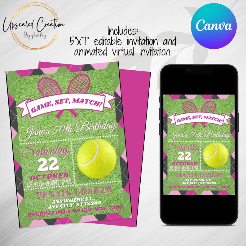 Pink Argyle Tennis Invite, Digital Download, Editable Template, Virtual ...
