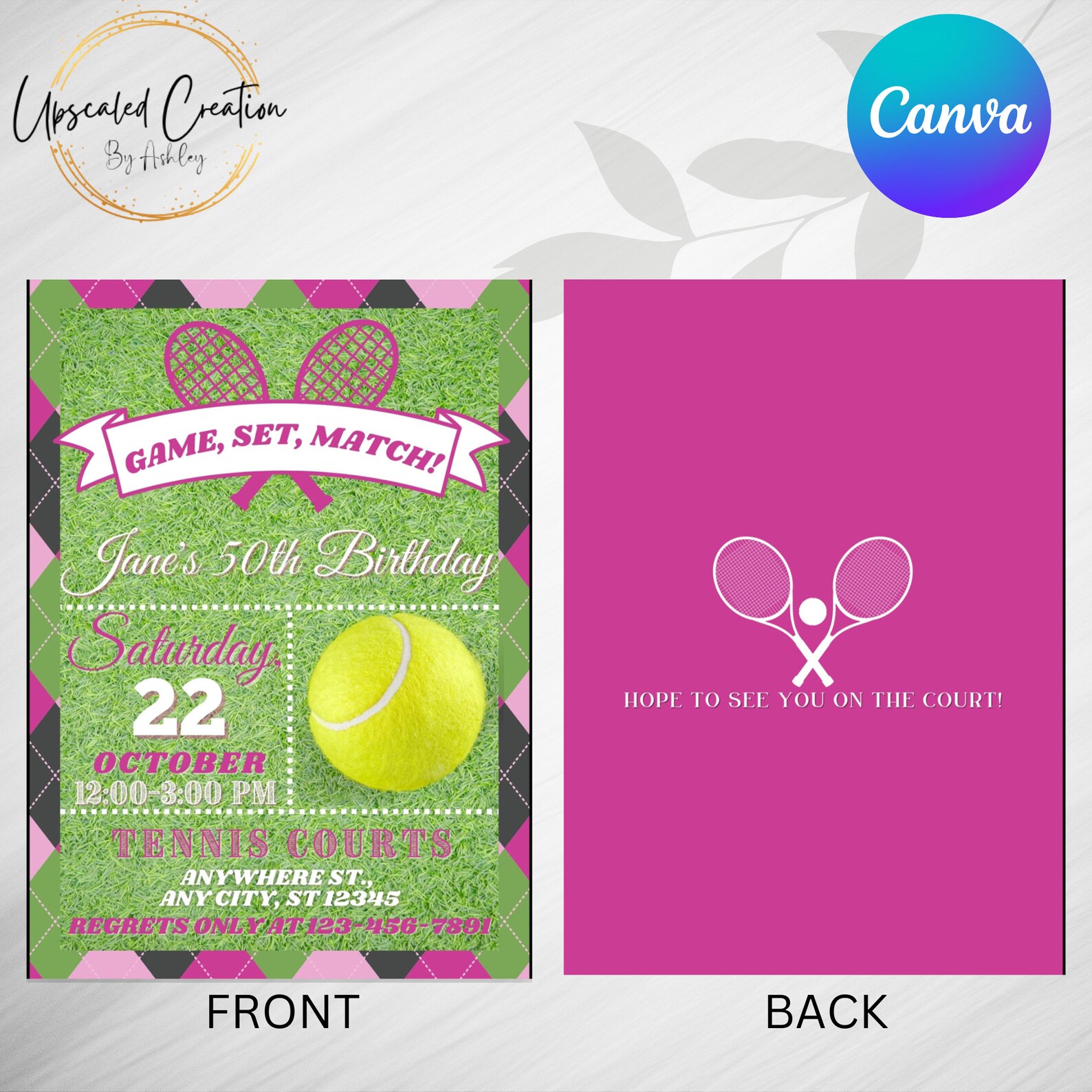 Pink Argyle Tennis Invite, Digital Download, Editable Template, Virtual ...