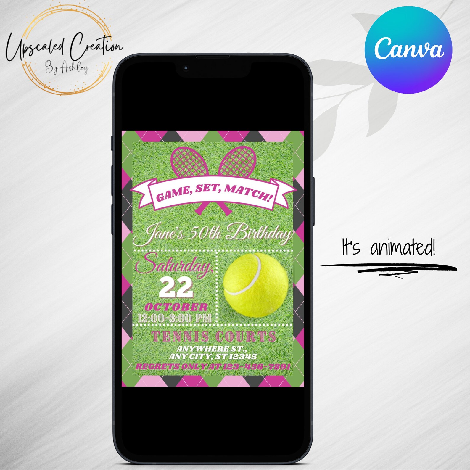 Pink Argyle Tennis Invite, Digital Download, Editable Template, Virtual ...