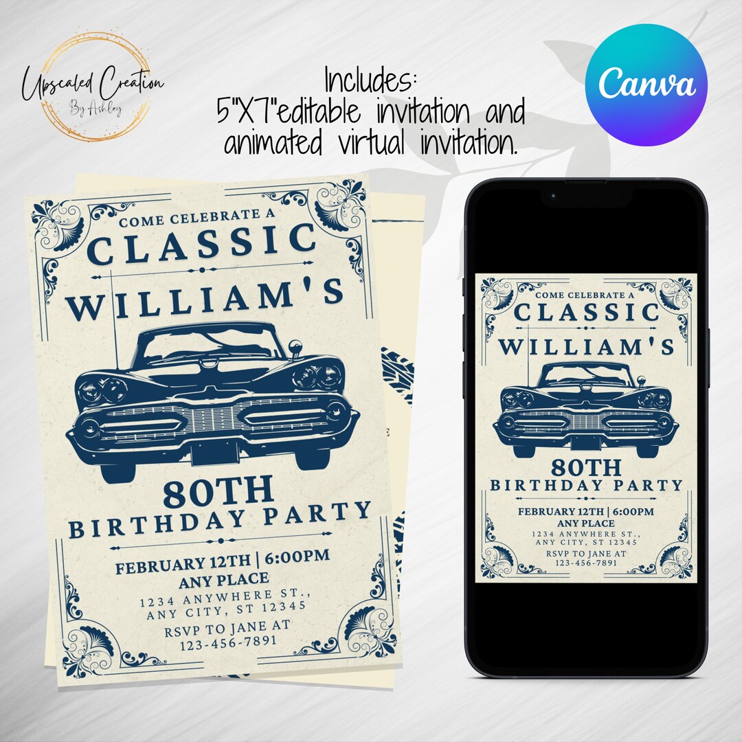 Classic Car Birthday Invitation: Editable Template (digital Download ...