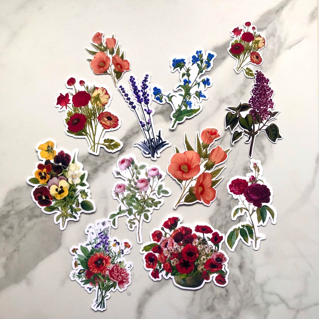 10 Vintage Flower Sticker Pack, Waterproof Vinyl Sticker, Flower ...