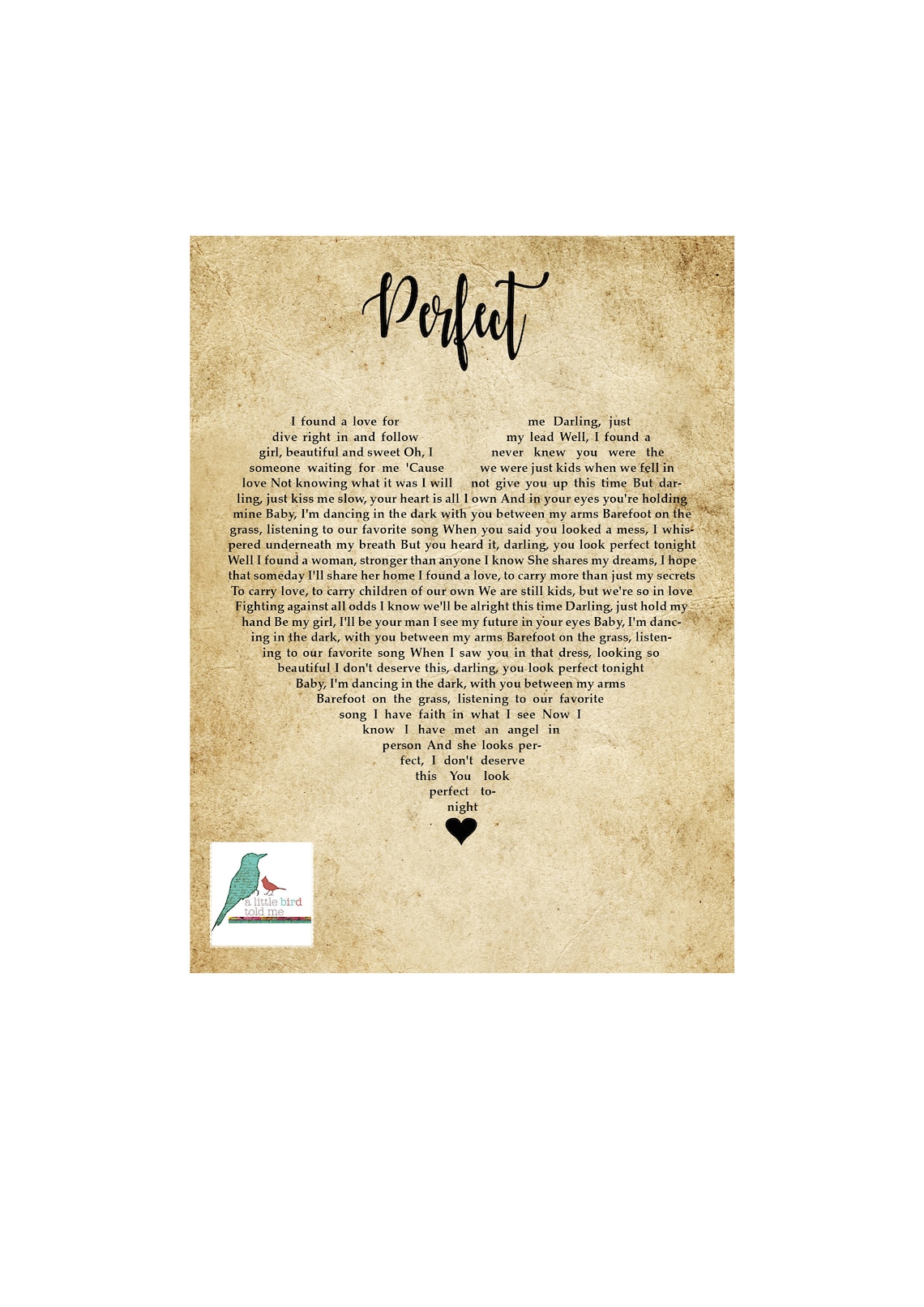 Ed Sheeran 'perfect' Song Lyrics Print Heart Shape | Etsy UK