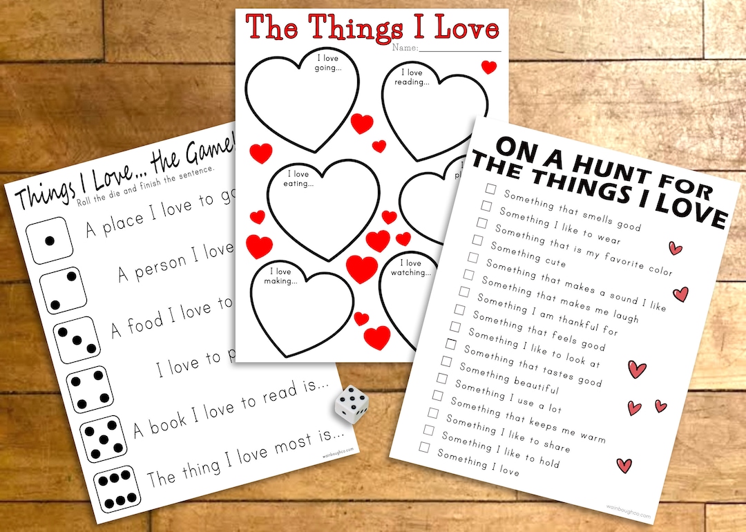 Things I Love Activity Bundle, Printable Scavenger Hunt, Dice Game ...