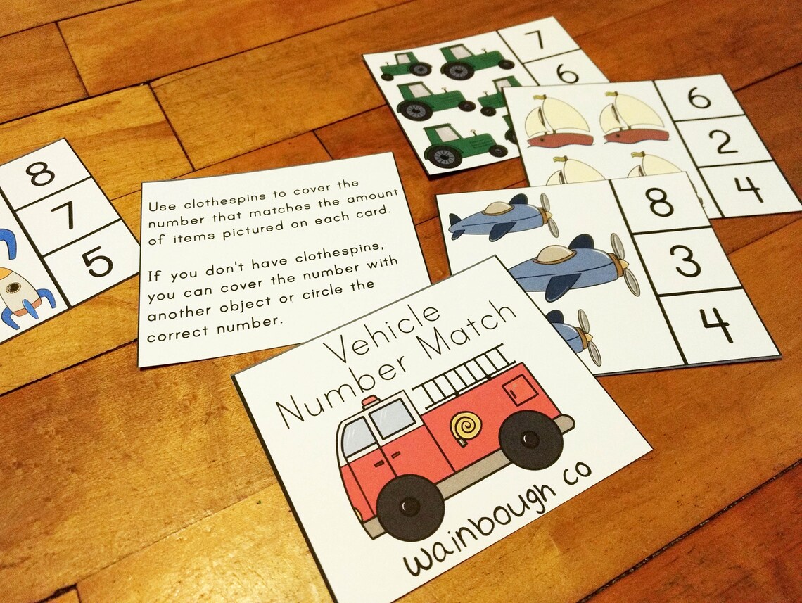 Vehicle Counting Printable Flash Card Game Clothespin Match | Etsy