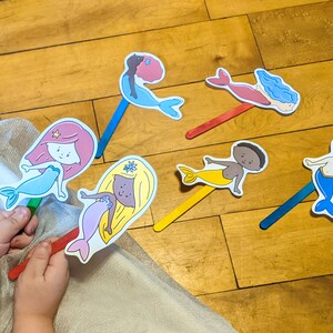 Mermaid Puppets, Craft Stick Printable Puppets, Kids Pretend Play ...
