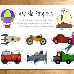 Vehicle Puppets, Craft Stick Printable Puppets, Kids Car Pretend Play ...