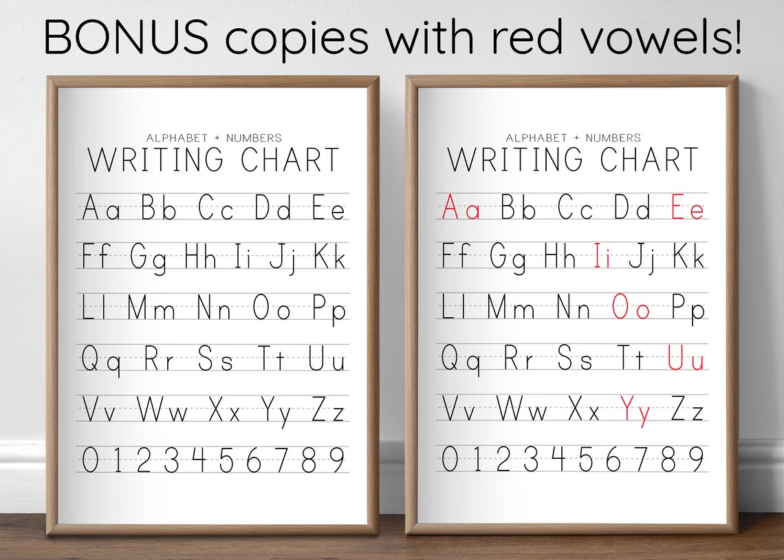 Alphabet Writing Chart Printable Letter Number Art Red Vowel - Etsy