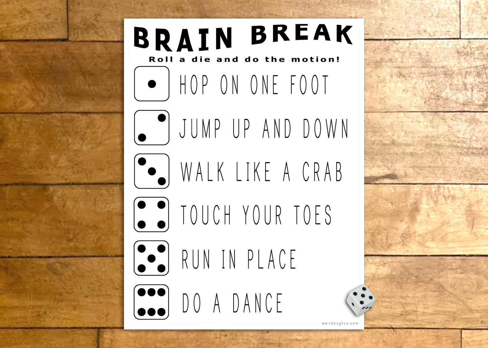 Brain Break Dice Game, Printable Exercise Activity, Kids Classroom ...