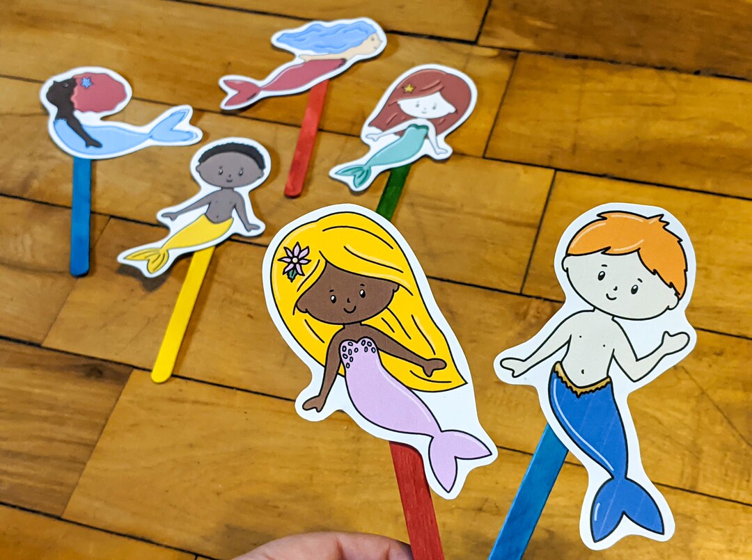 Mermaid Puppets, Craft Stick Printable Puppets, Kids Pretend Play ...