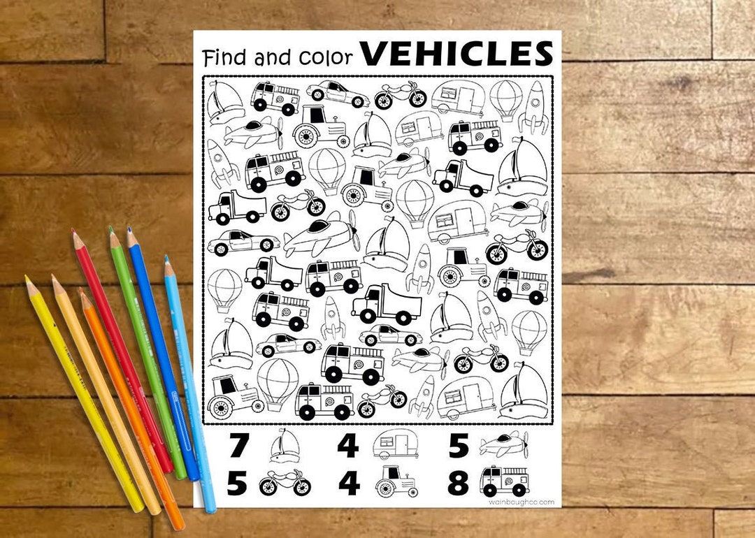 Find and Color Vehicles Activity, Printable Coloring Page for Kids ...
