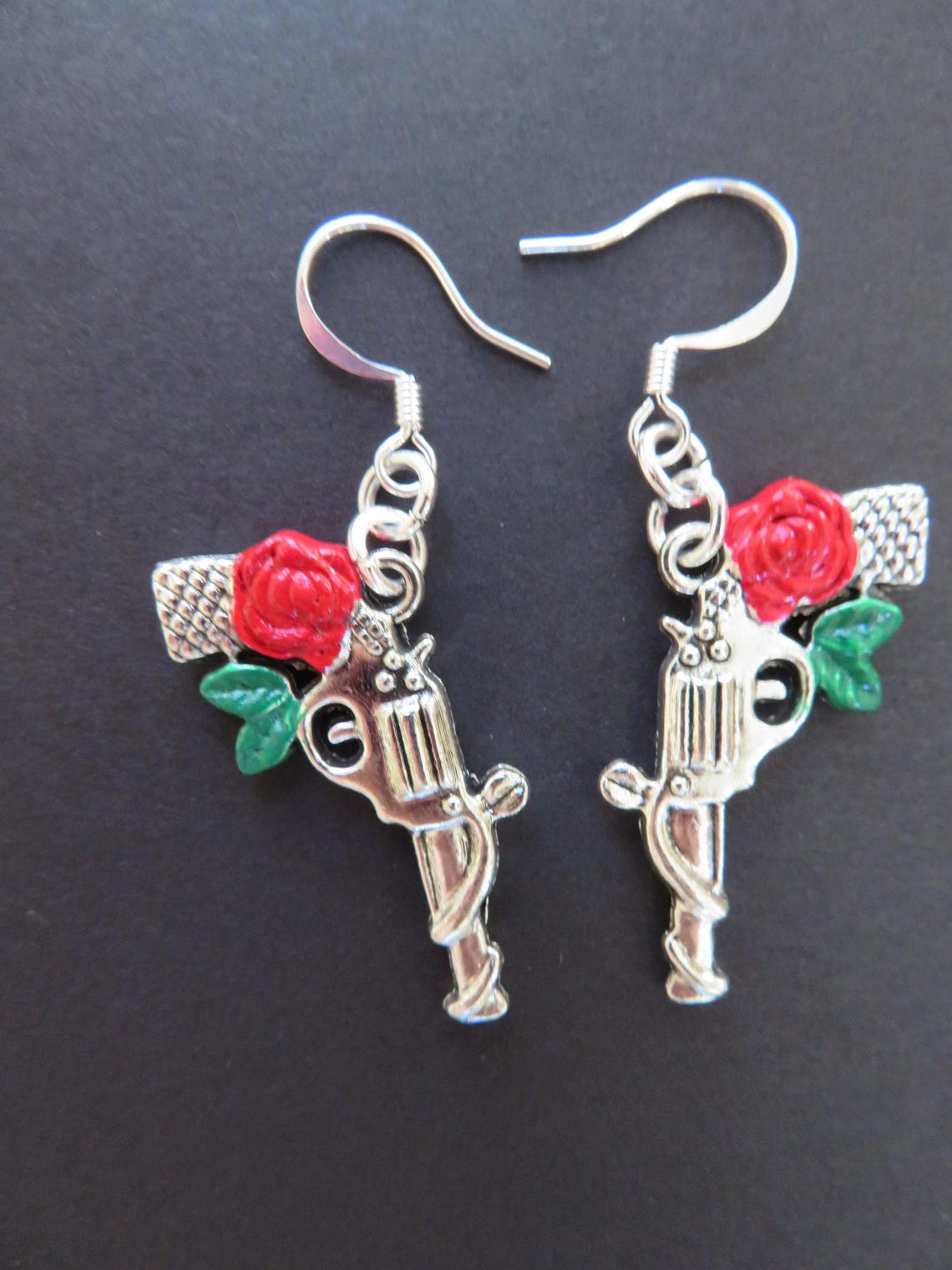 Guns With Hand Painted Red Roses Earrings, Dangle Guns Roses Earring ...