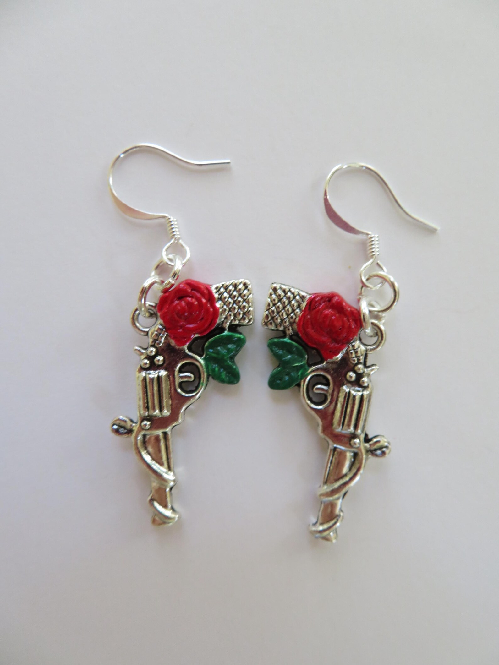 Guns With Hand Painted Red Roses Earrings, Dangle Guns Roses Earring ...