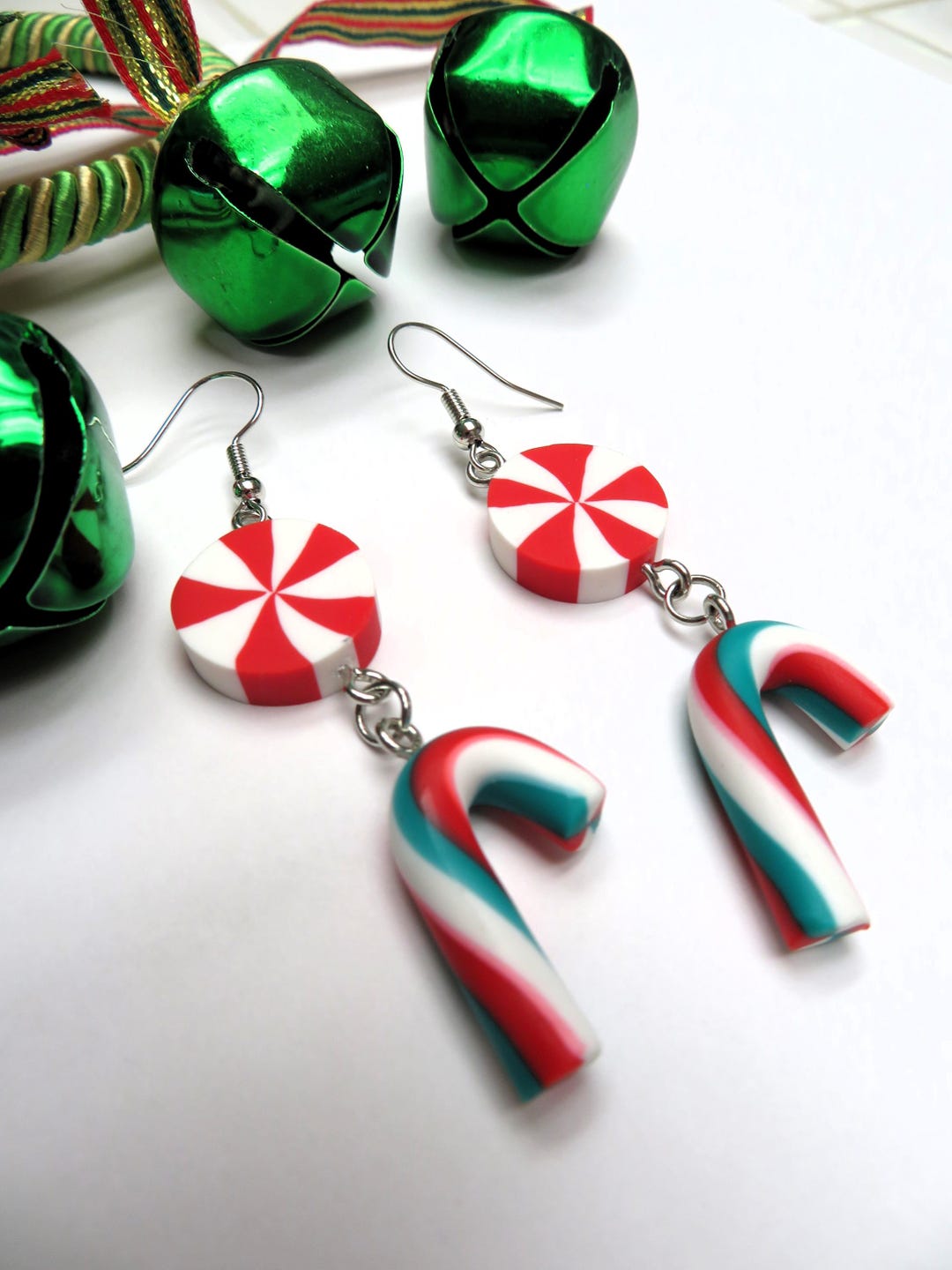 Christmas Peppermint Candy & Candycane Earrings, Large Earrings, Holiday Earrings, Clay Charm ...
