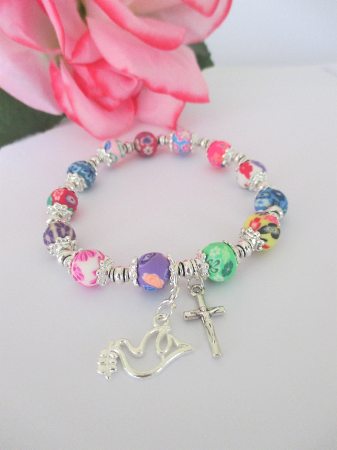 Rosary Prayer Floral Artistic Bracelet, Stretch Bracelet, Crucifix ...