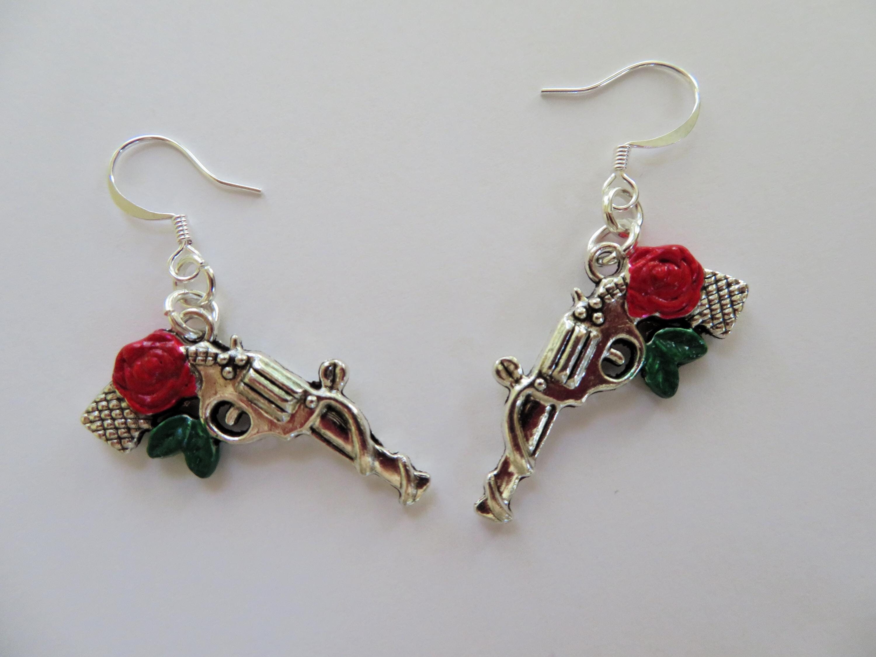 Guns With Hand Painted Red Roses Earrings, Dangle Guns Roses Earring ...