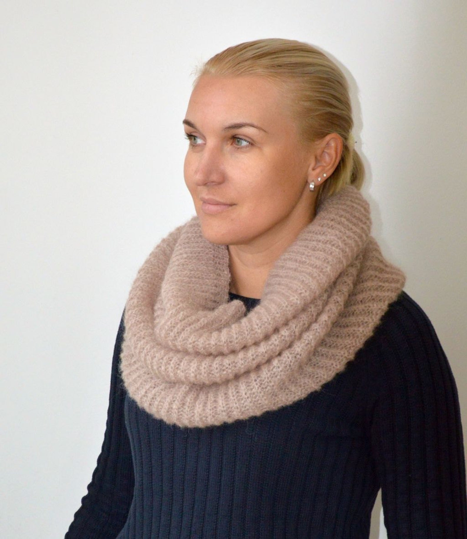 Beige Infinity Scarf Knit Mohair Cowl Knit Circle Scarf Hand Knit Cocoa ...