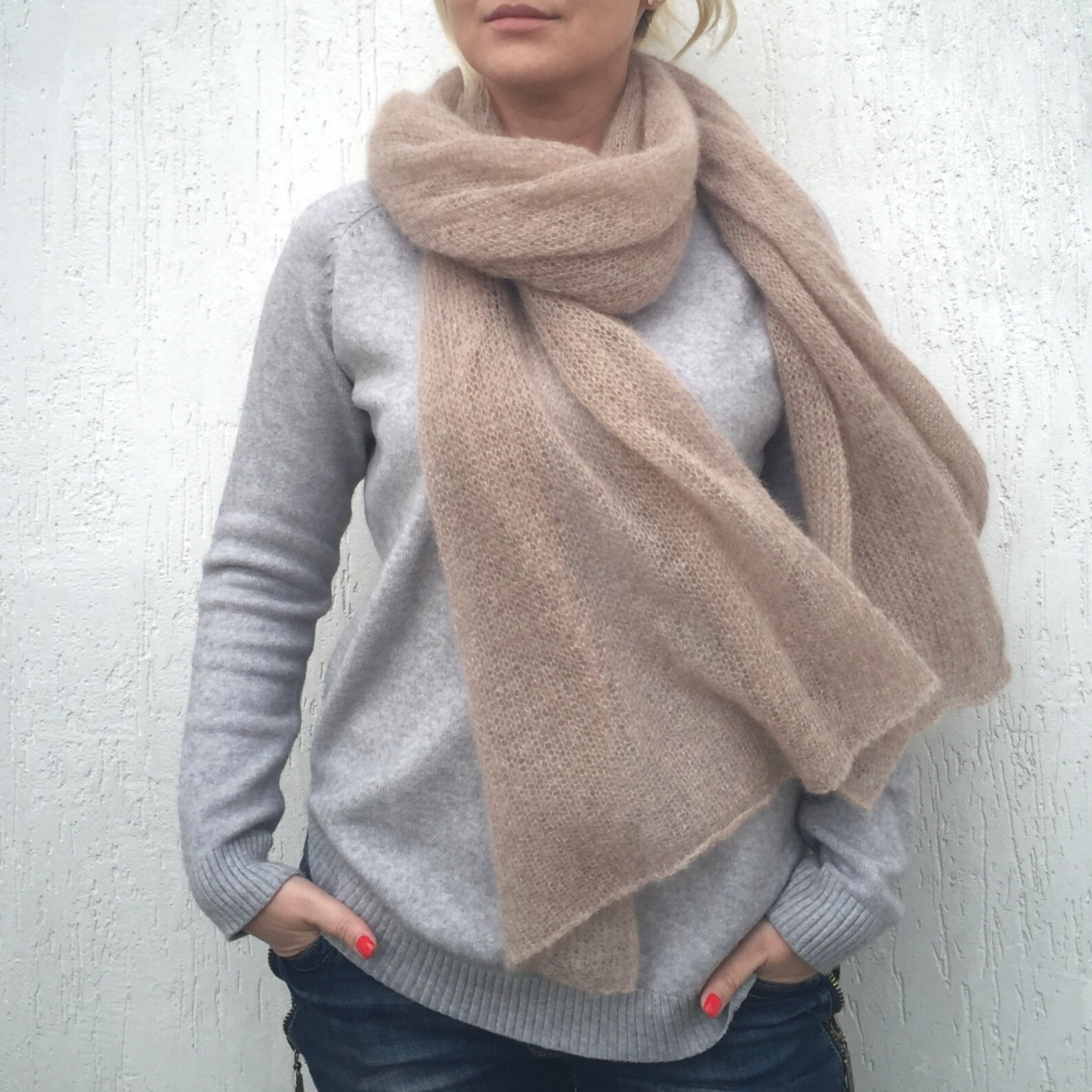 Mohair Scarf in Nude Tones Knitted Soft Shawl Pashmina Long Beige Scarf ...