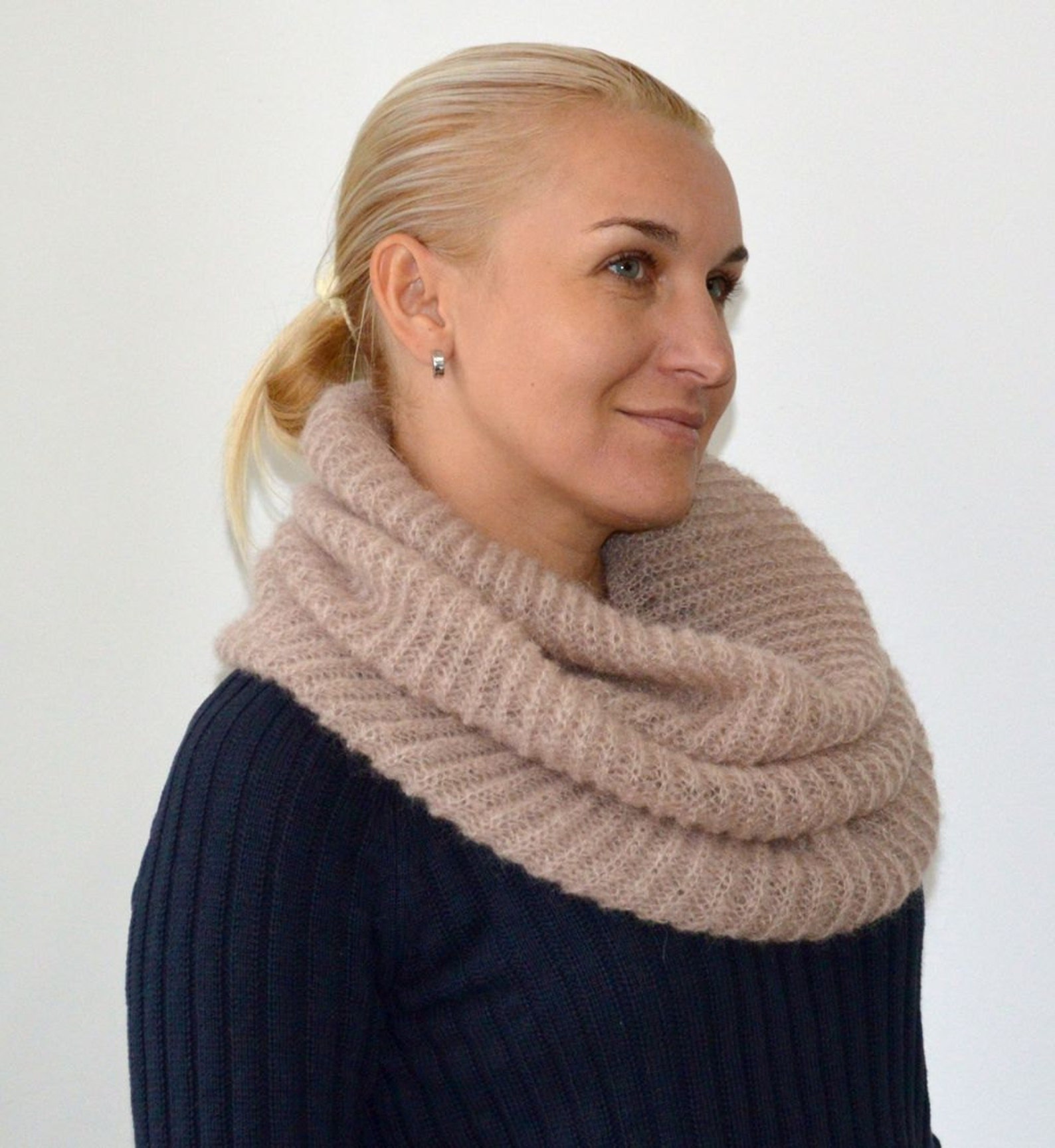 Beige Infinity Scarf Knit Mohair Cowl Knit Circle Scarf Hand - Etsy
