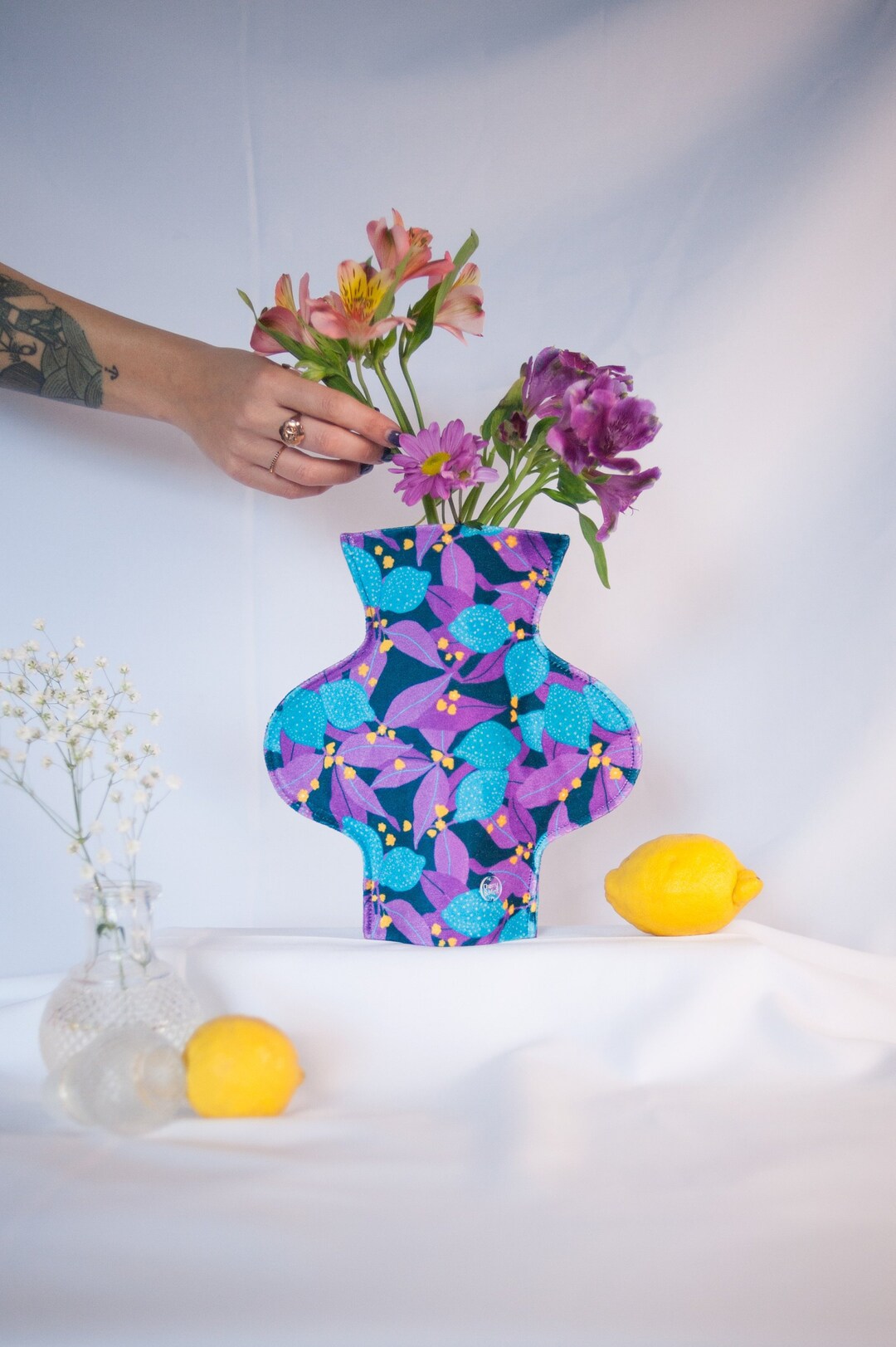 Fabric Vase in Lemons Print, Contemporary Home Decor, Handmade Textile ...