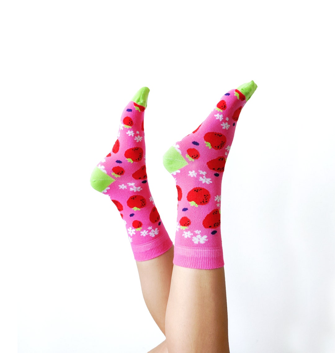 Strawberry Print Cotton Knit Socks | Strawberries Pink & Lime Green ...