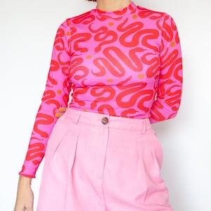 Strawberry Snakes" Mock Neck Long Sleeve Top | Colourful Pink & Red ...