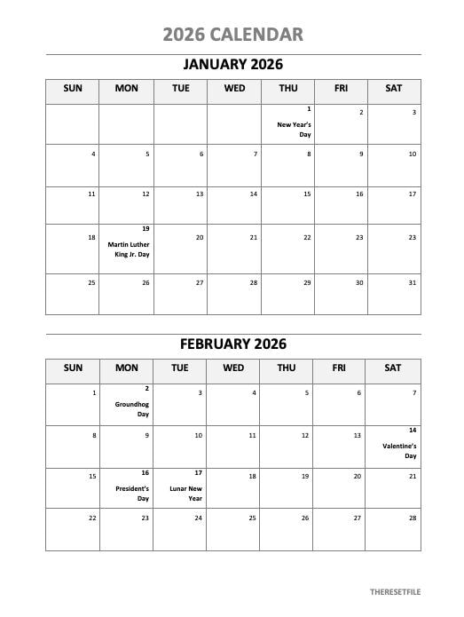 2026 Monthly Calendar Word Document | Printable Plain Calendar With ...