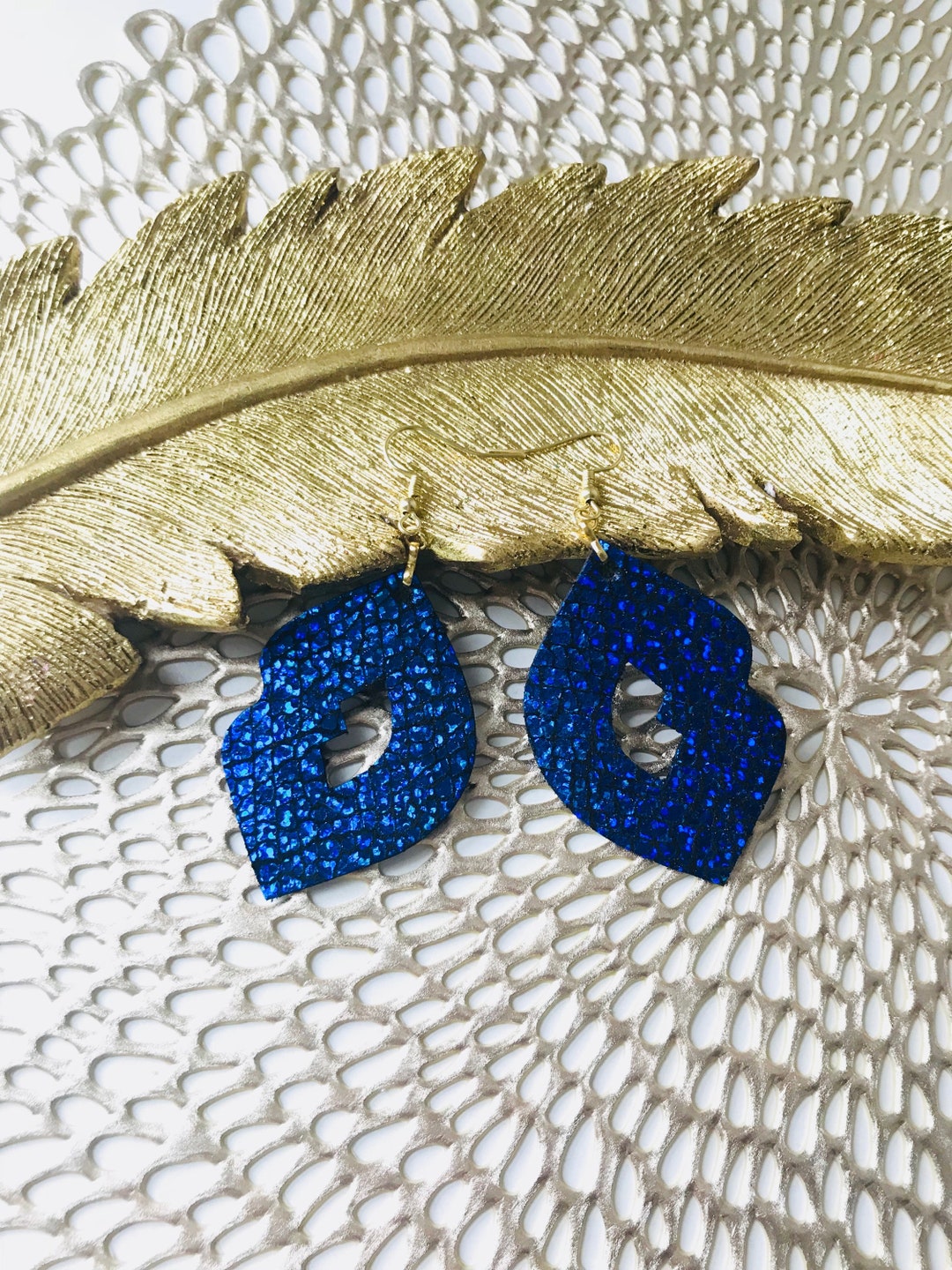 Metallic Blue Leather Lips Earrings, Leather Earrings, Lips, Blue Lips ...