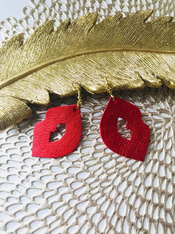 Metallic Red Leather Lips Earrings Leather Earrings Lips | Etsy