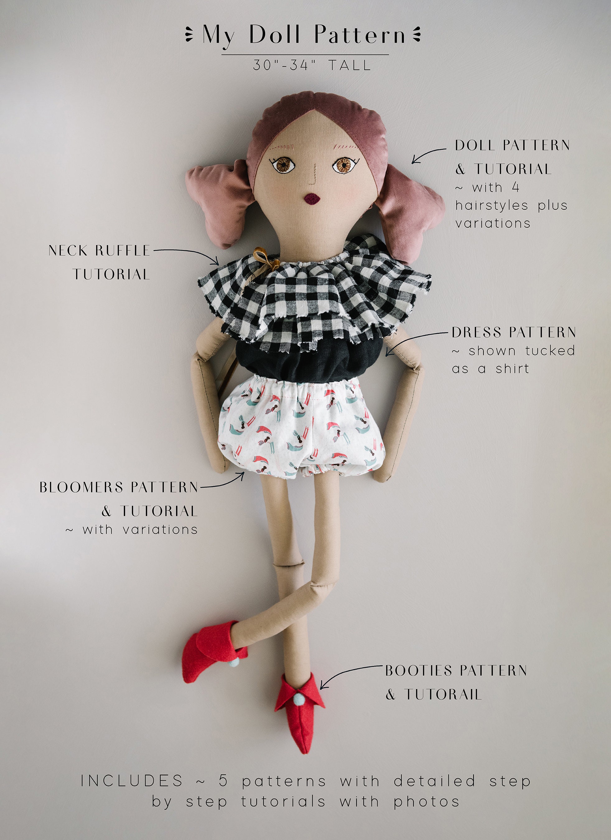 Large Rag Cloth Doll Pattern: Modern Design, Clothes & Shoes (digital ...