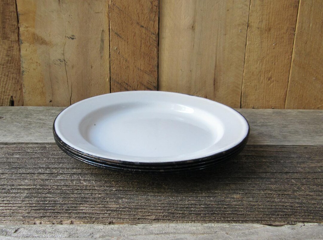 Set of Four White Enamelware Plates - Etsy