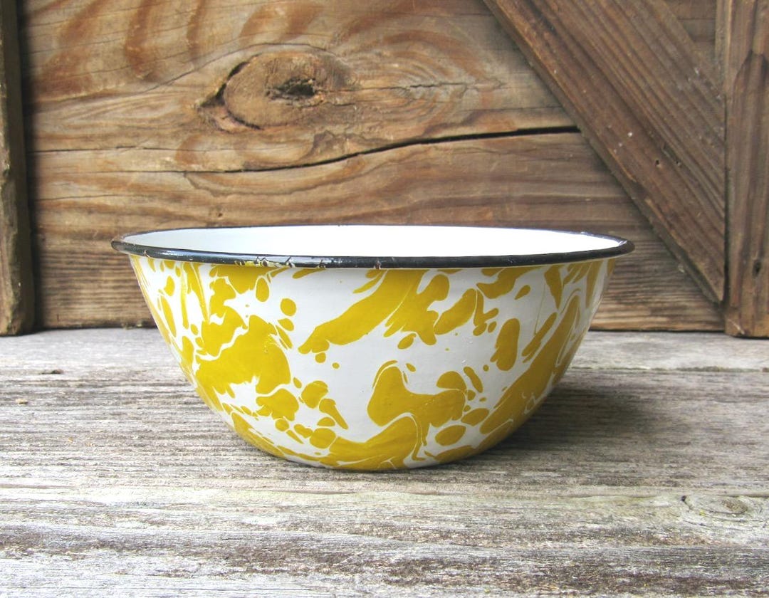 One Vintage Bowl Yellow White Swirl Enamelware - Etsy