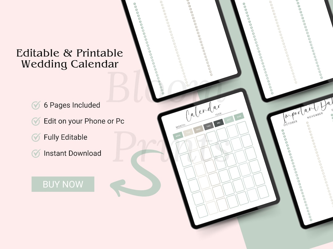 Printable Wedding Calendar | Monthly Planner | A4 Letter | Wedding ...