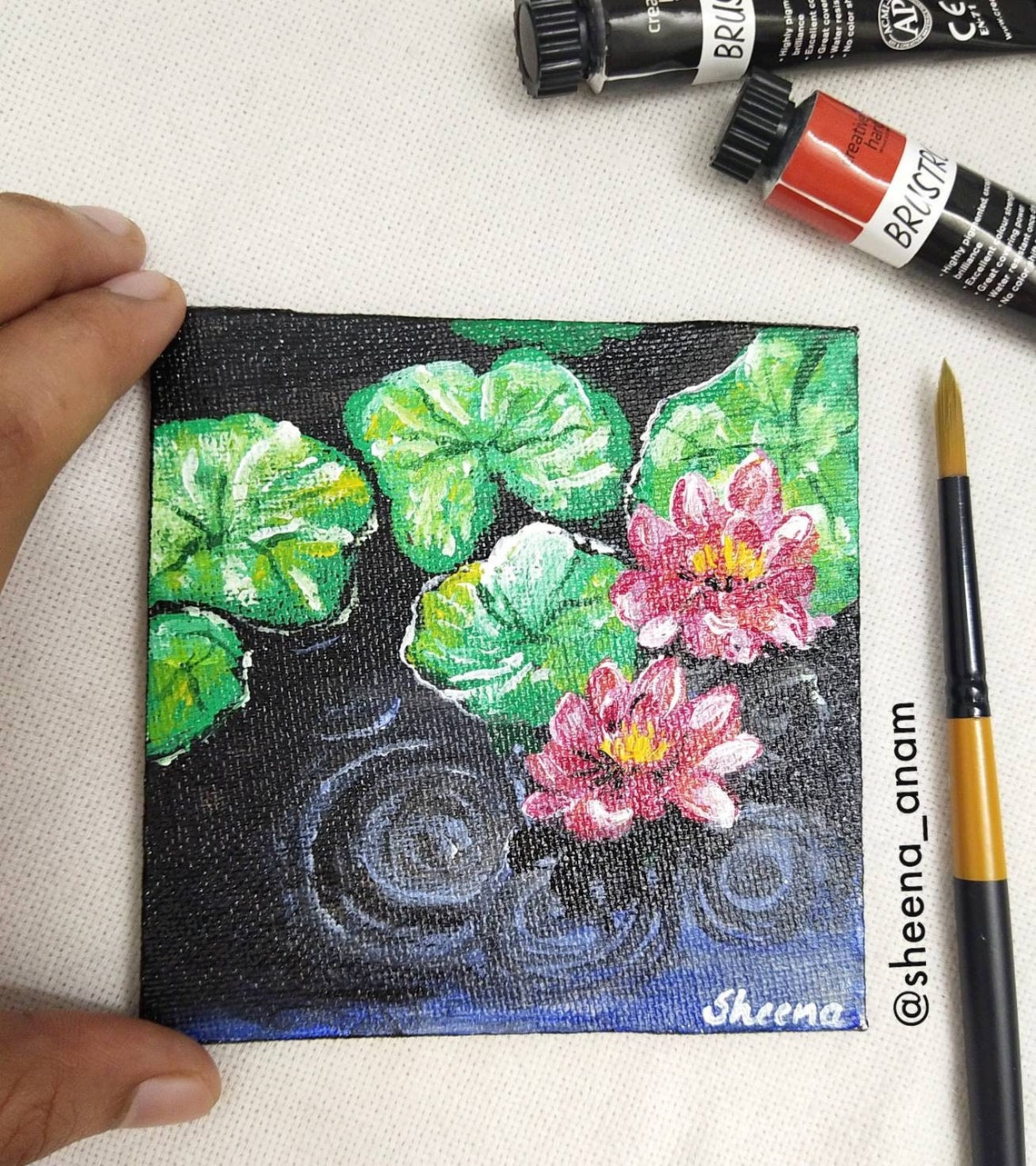 Mini Lotus Flower Canvas Painting | Original Acrylic Painting | Tiny ...