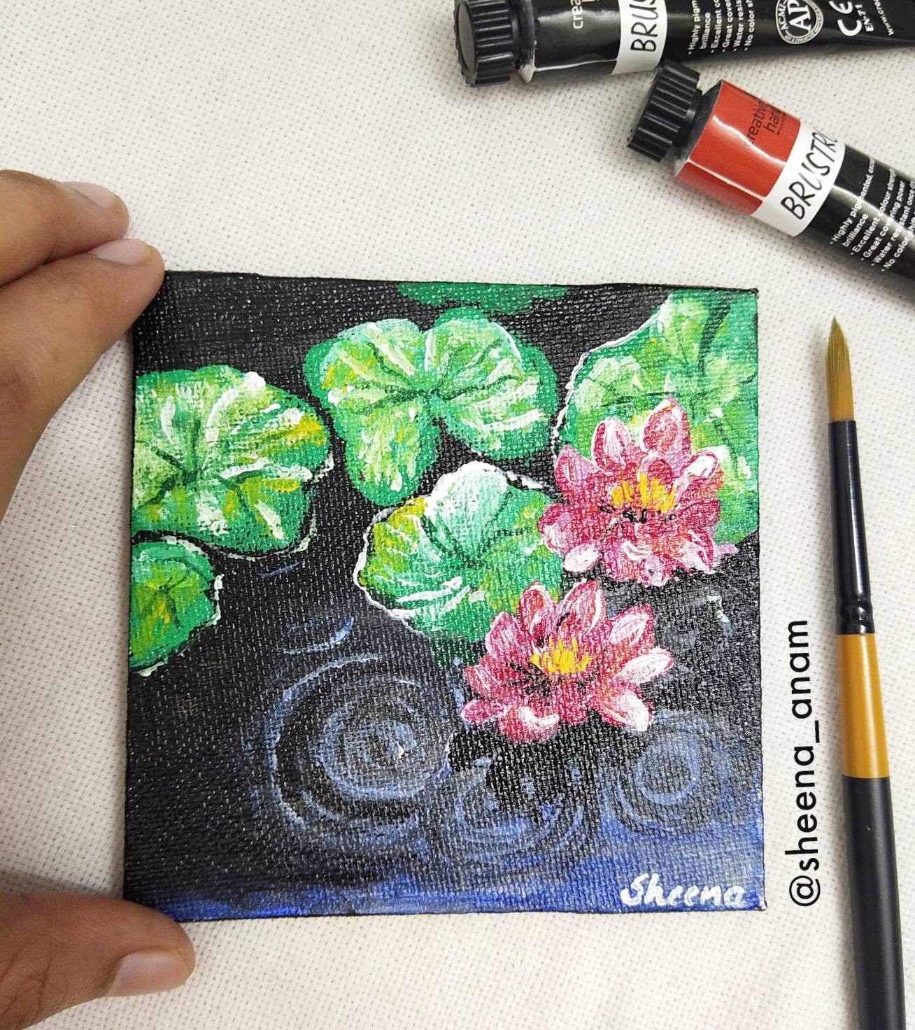 Mini Lotus Flower Canvas Painting | Original Acrylic Painting | Tiny ...
