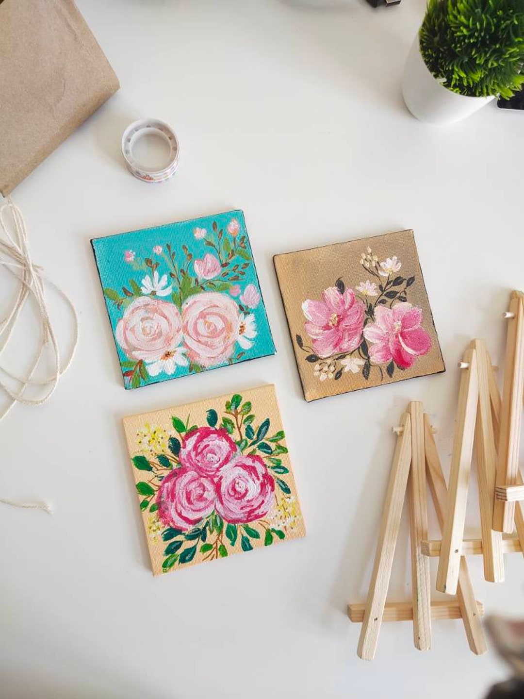 Mini Floral Acrylic Painting Set, Small Canvas Art With Easel - Etsy