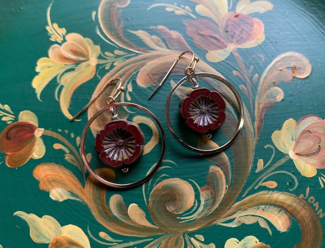 Gold Romani Poppy Flower Earrings, Romany Gypsy Hoops, Vardo Painting ...