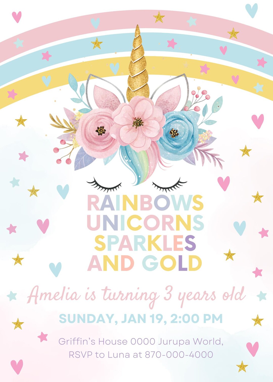 Magical Rainbow Unicorn Birthday Invite, Girls Unicorn Birthday Party ...