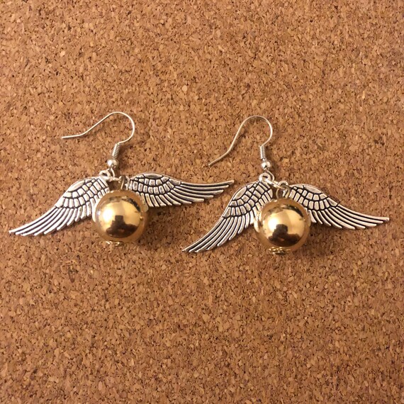 Golden Winged Ball Earrings Wizard and Witches Theme Dangle | Etsy