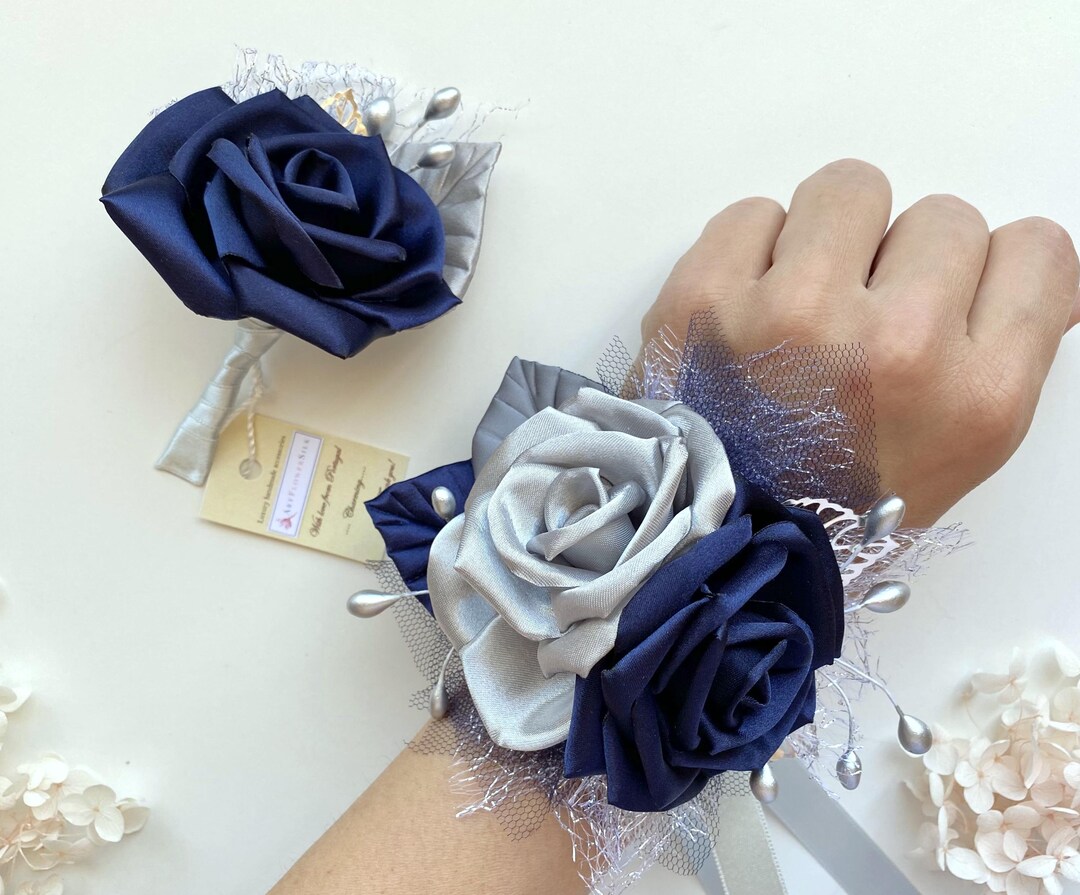 Navy Blue Silver Flower Wrist Corsage Boutonnière Set Wedding ...