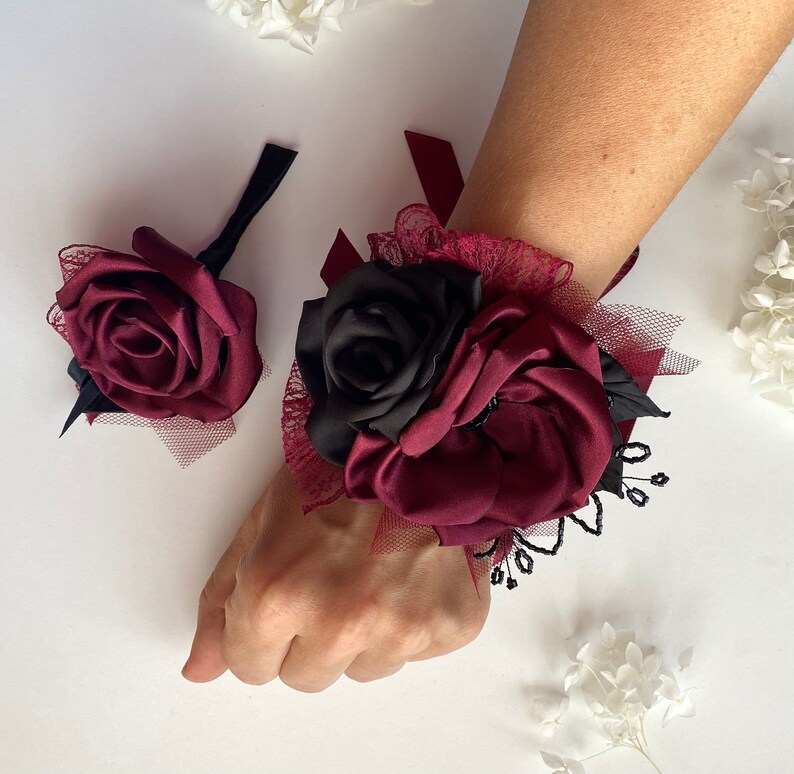 Burgundy Black Wrist Corsage Boutonniere Wedding Grad Prom | Etsy