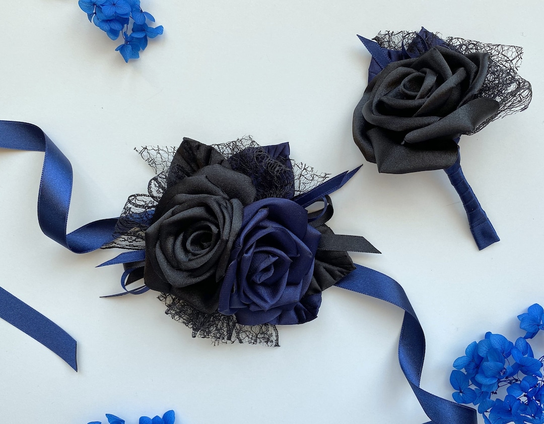 Navy Blue and Black Flower Wrist Corsage Boutonniere Set - Wedding Prom ...