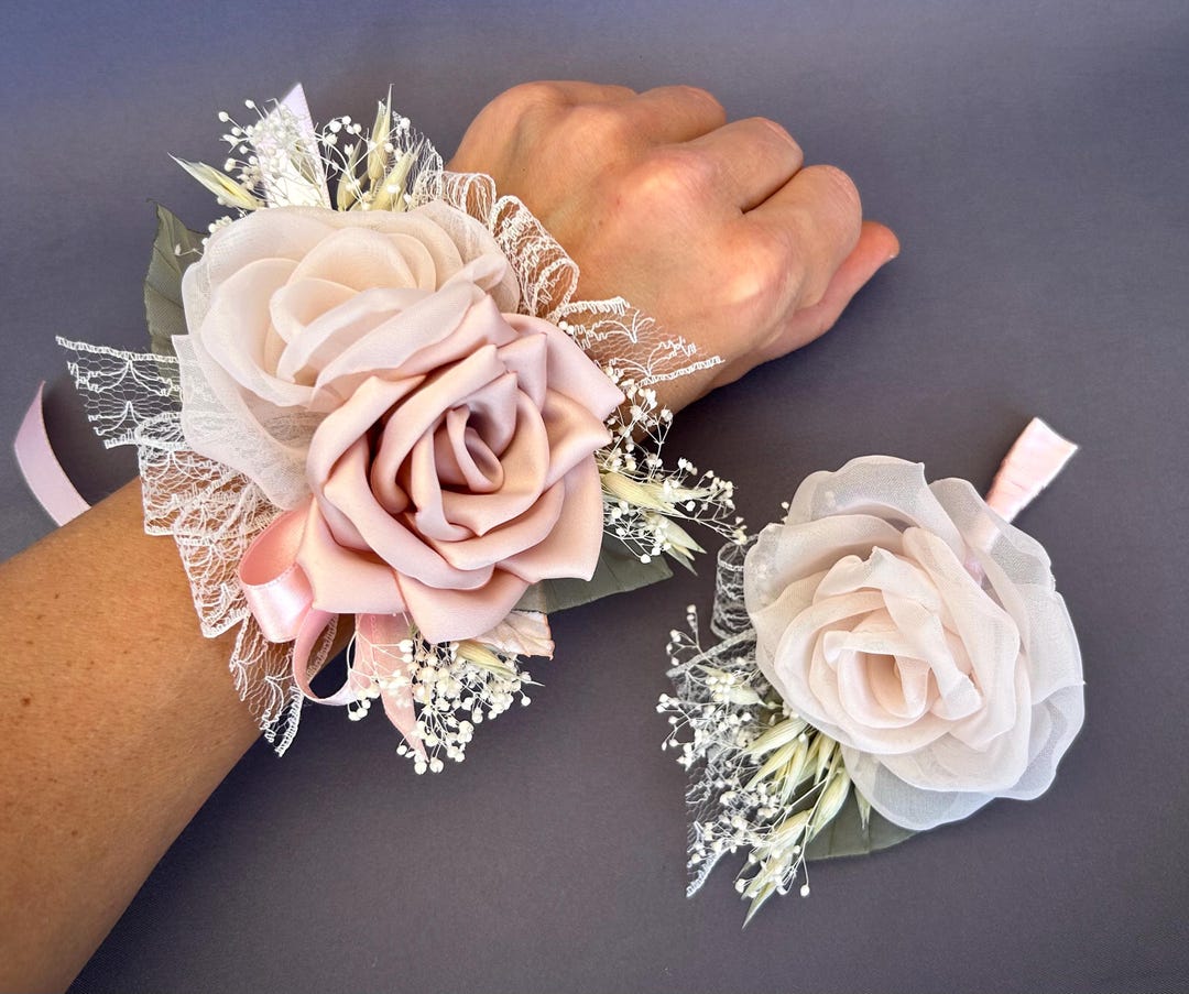 Blush Pink Wrist Corsage Boutonnière Set Wedding Grad Prom Corsage ...