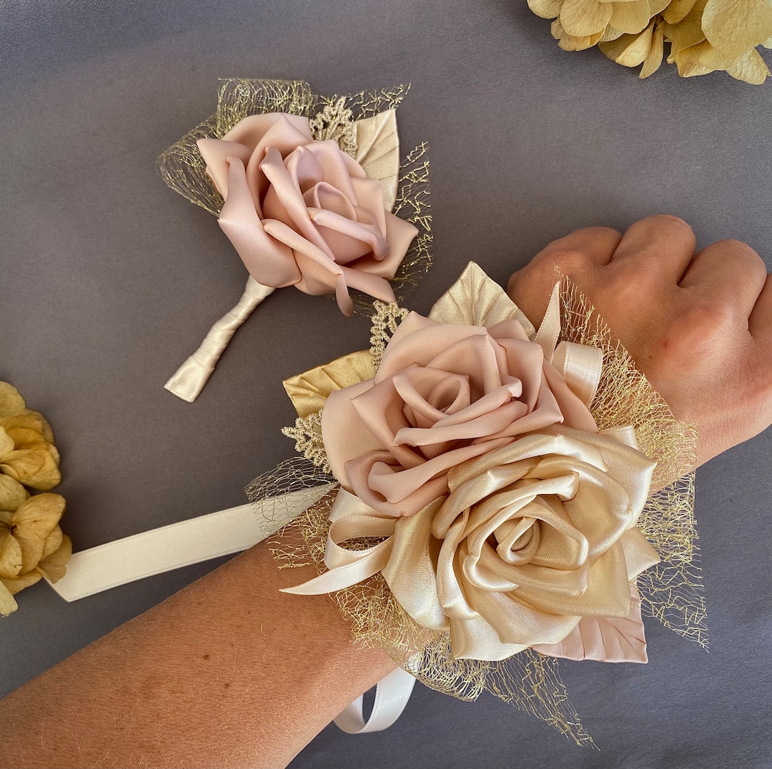 Champagne and Blush Pink Gold Corsage Boutonnière Wedding Prom Graduate ...