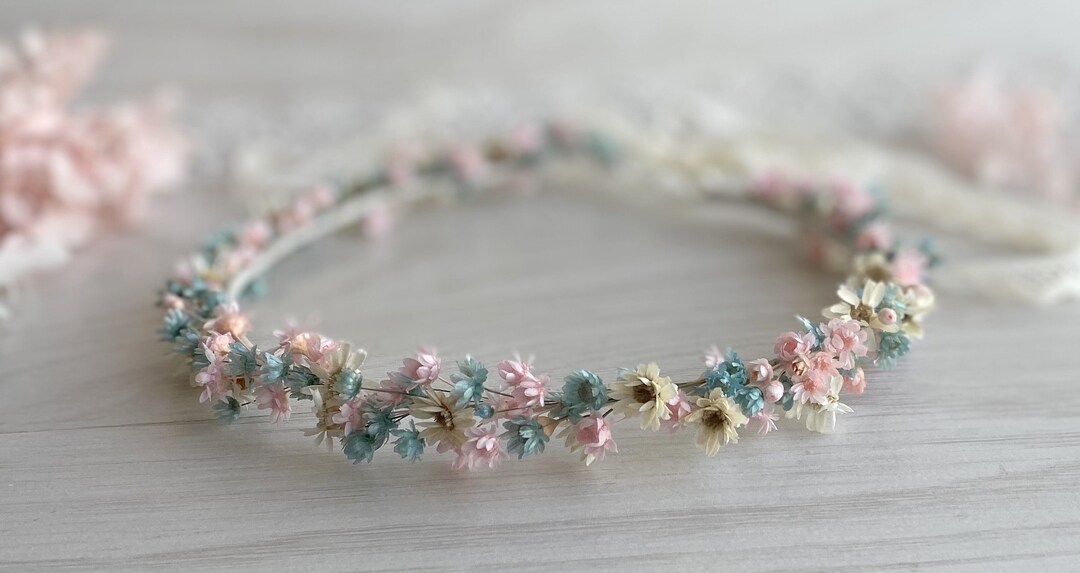Blue Pink Cream Natural Flower Crown Floral Boho Flower Hair Wreath ...