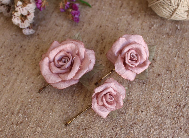Dusty Rose Green Flower Hair Bobby Pin Blush Roses Hair Pins | Etsy