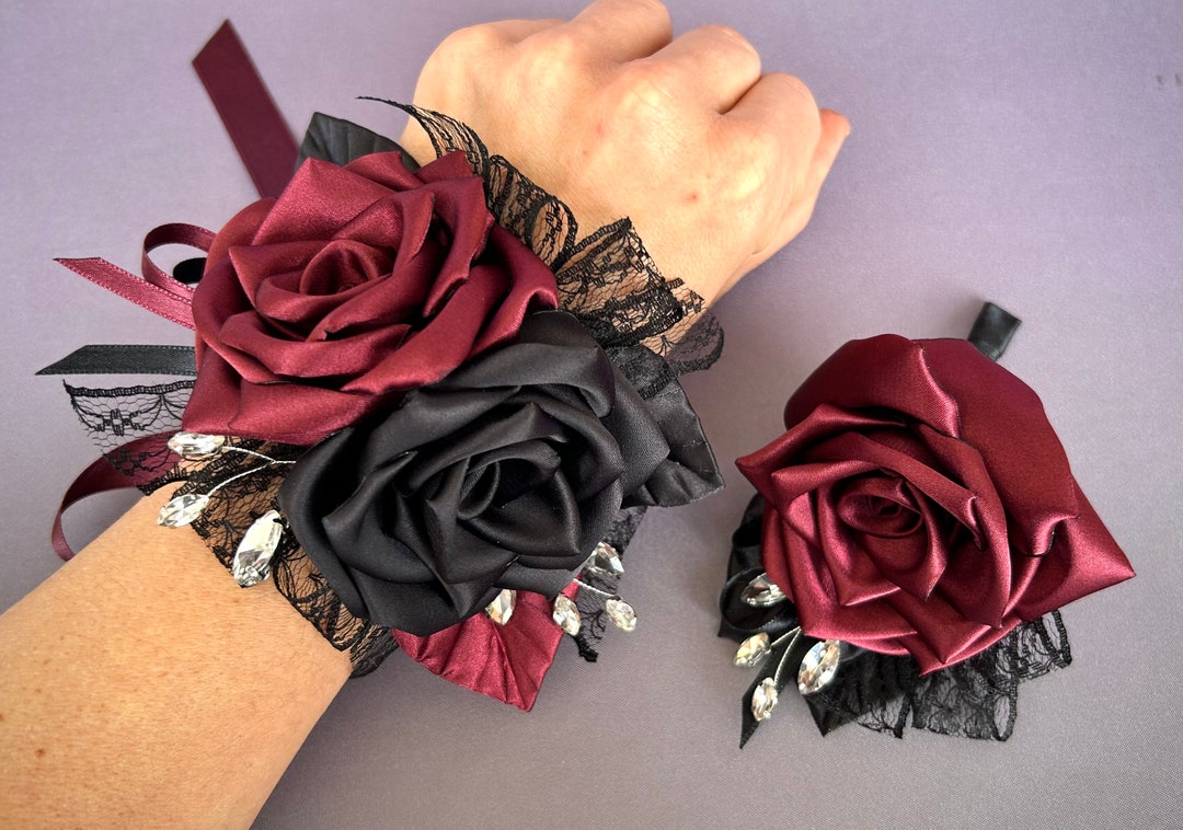 Burgundy Black Wrist Corsage Boutonniere Wedding Grad Prom Corsage ...