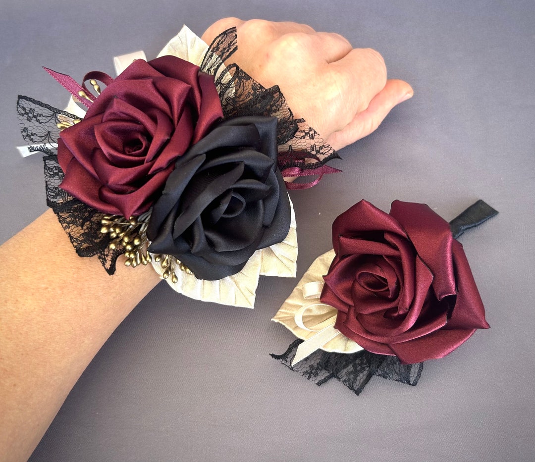 Black Burgundy Champagne Flower Wrist Corsage Boutonnière Set Wedding ...